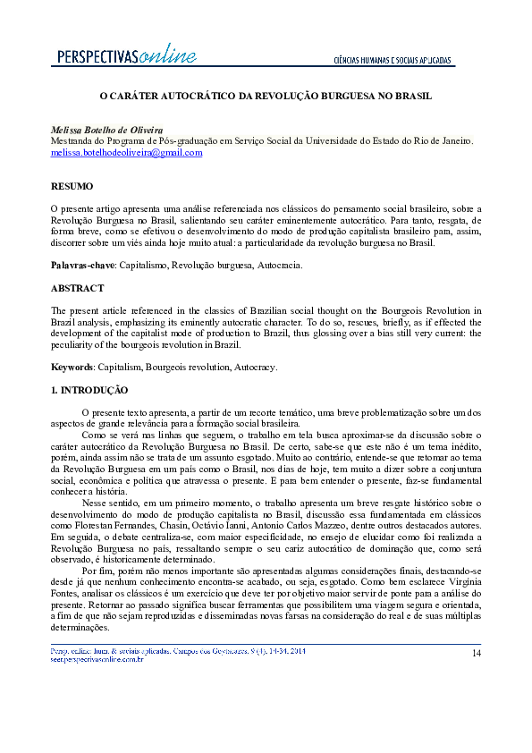 (PDF) O Caráter Autocrático Da Revolução Burguesa No Brasil | Melissa ...
