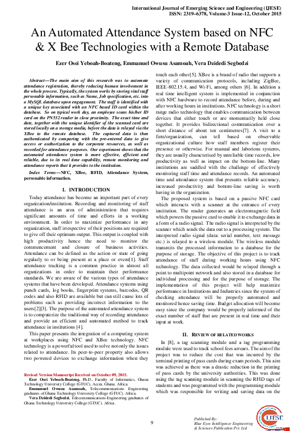 (PDF) An Automated Attendance System based on NFC & X-Bee Technologies with a Remote Database