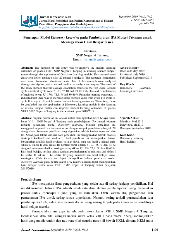 (PDF) Penerapan Model Discovery Learning Pada Pembelajaran Tematik Terhadap Berpikir Kritis ...