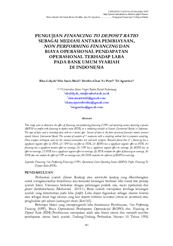 (PDF) Pengujian Financing to Deposit Ratio (FDR) Sebagai Mediasi Antara Pembiayaan, Non ...