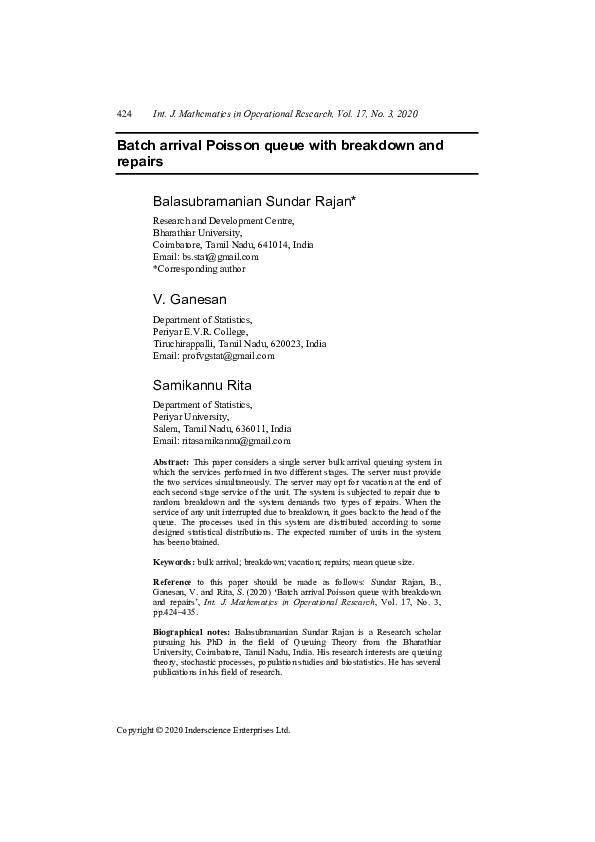 (PDF) Batch arrival Poisson queue with breakdown and repairs