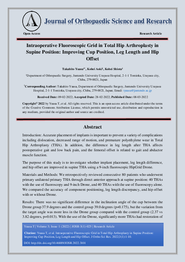 Intraoperative Fluoroscopic Grid in Total Hip Arthroplasty in Supine ...