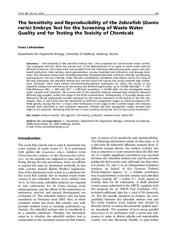 (PDF) Zebrafish Embryo Test for Waste Water Toxicity