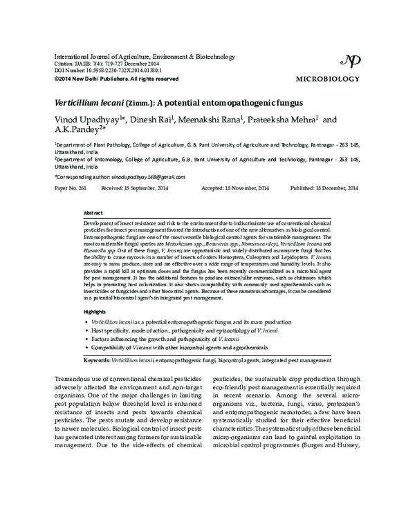 (PDF) Verticillium lecani (Zimm.): A potential entomopathogenic fungus
