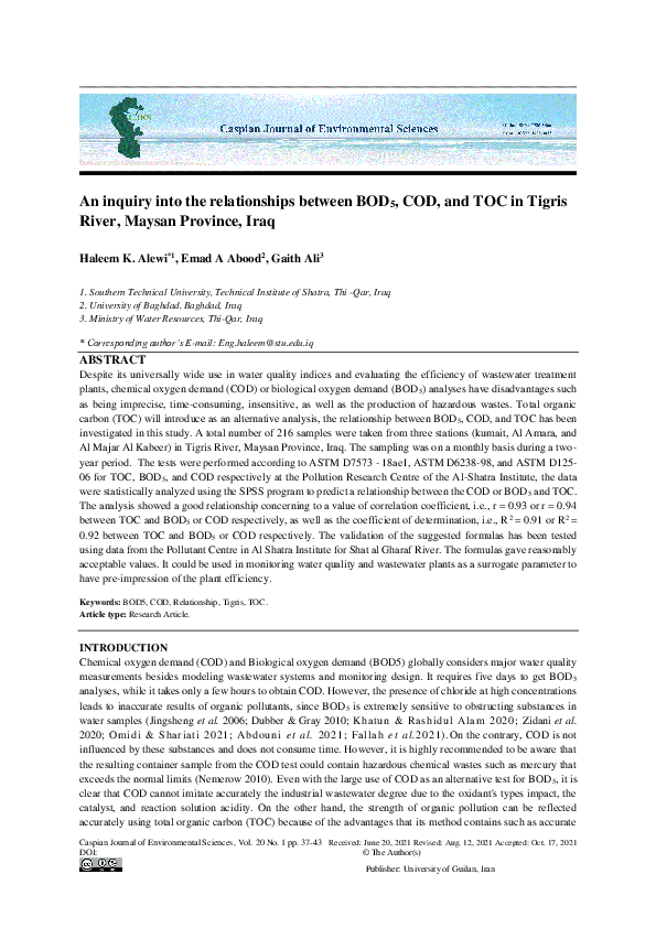 (PDF) An inquiry into the relationships between BOD5, COD, and TOC in ...