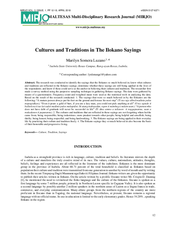 (PDF) Cultures and Traditions in The Ilokano Sayings