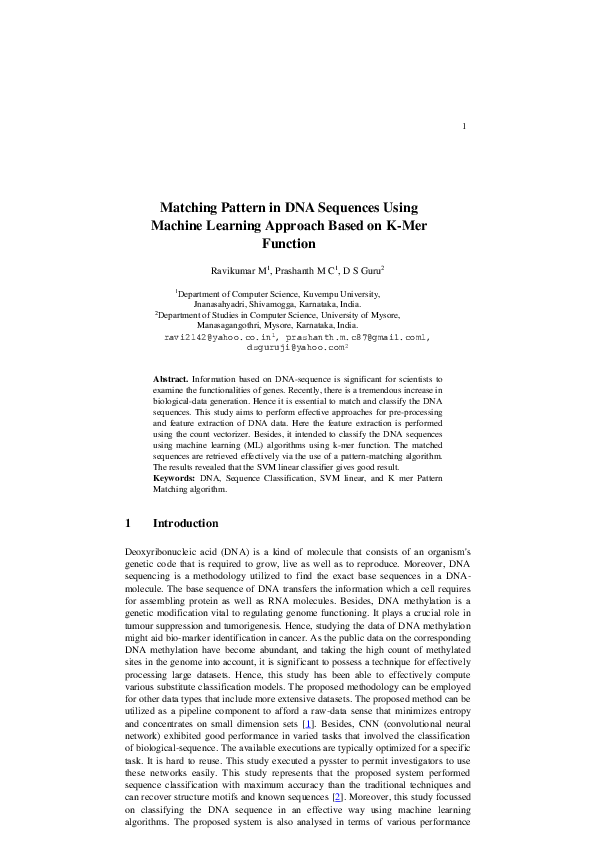 Pdf Matching Pattern In Dna Sequences Using Machine Learning Approach Based On K Mer Function