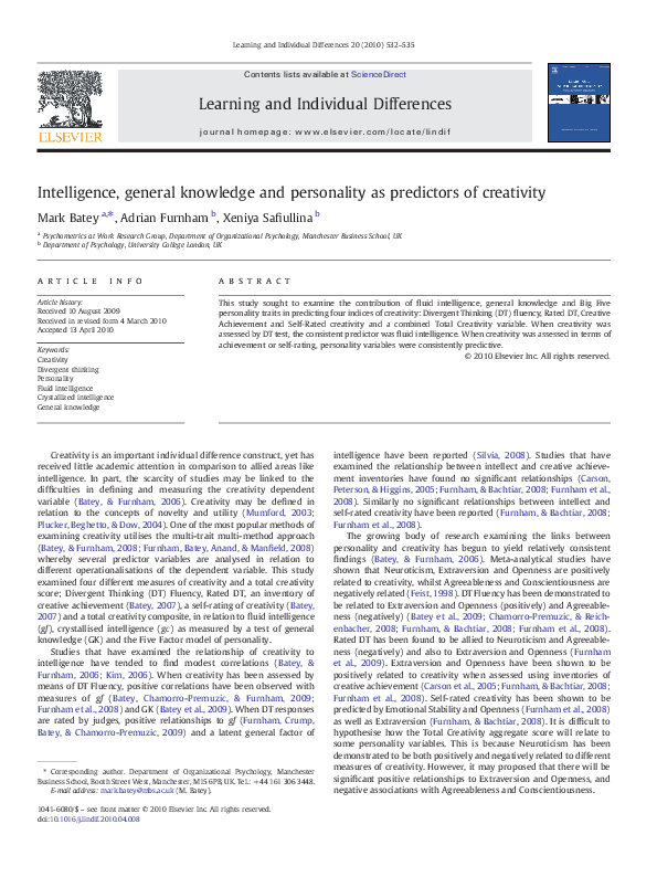 (PDF) Creativity Divergent thinking Personality Fluid intelligence Crystallized intelligence