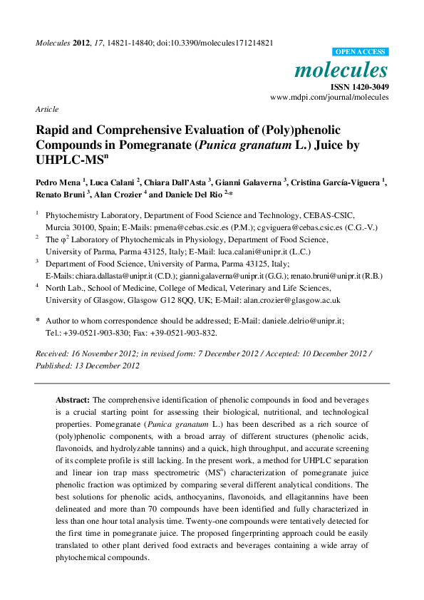 (PDF) Article Rapid and Comprehensive Evaluation of (Poly)phenolic Compounds in Pomegranate ...