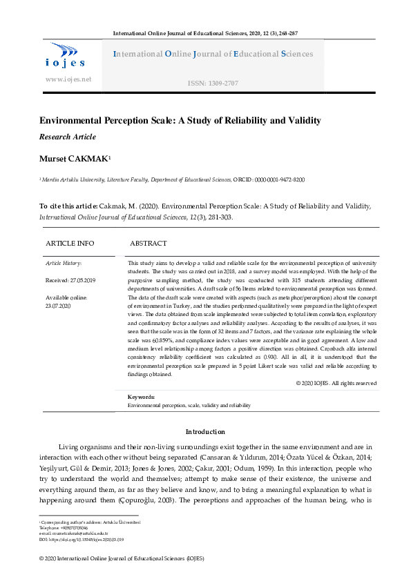(PDF) Environmental Perception Scale: A Study of Reliability and Validity