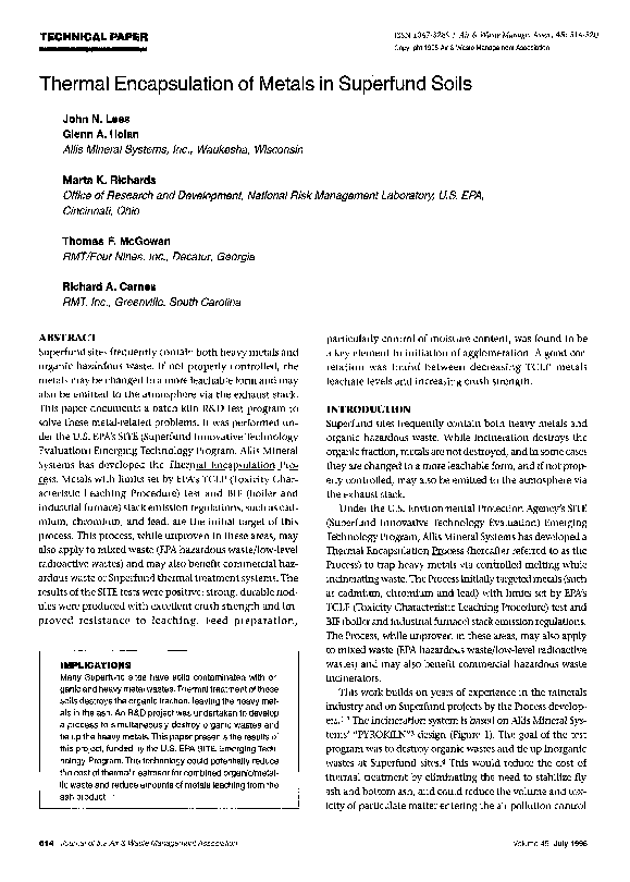 (PDF) Thermal Encapsulation of Metals in Superfund Soils | Tom McGowan ...