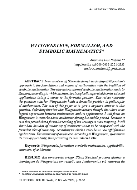 (PDF) Wittgenstein, Formalism, and Symbolic Mathematics