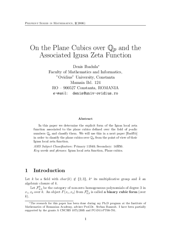 (PDF) On the Plane Cubics over Qp and the Associated Igusa Zeta Function