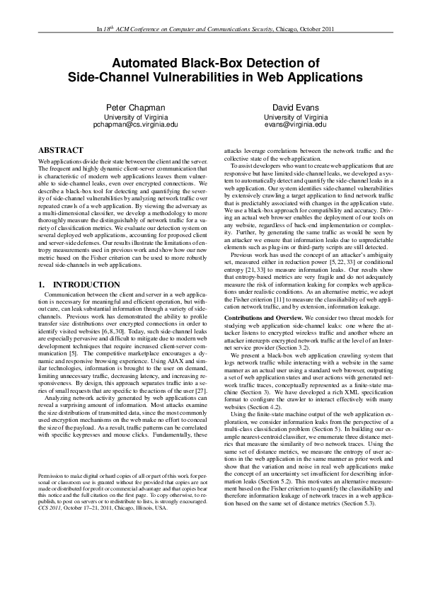 (PDF) Automated black-box detection of side-channel vulnerabilities in web applications