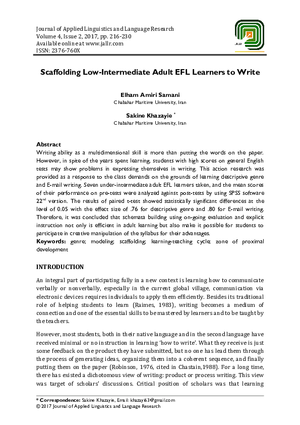 (PDF) Scaffolding Low-Intermediate Adult EFL Learners to Write