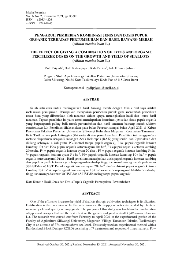 (PDF) PENGARUH PEMBERIAN KOMBINASI JENIS DAN DOSIS PUPUK ORGANIK TERHADAP PERTUMBUHAN DAN HASIL ...
