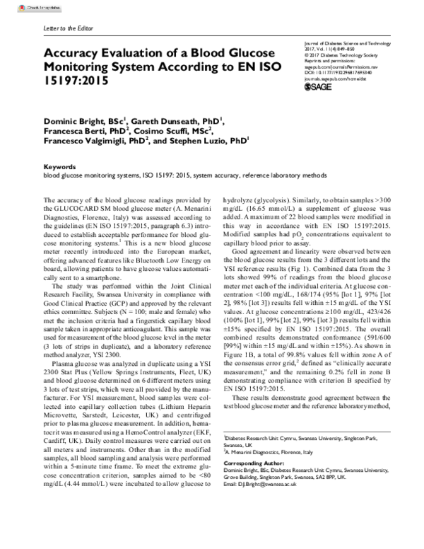 (PDF) Accuracy Evaluation of a Blood Glucose Monitoring System ...