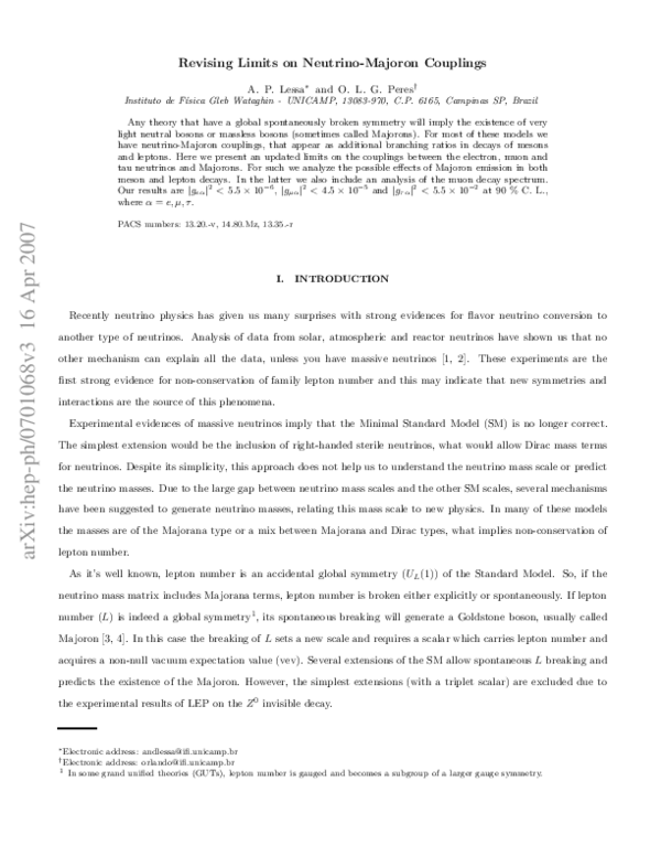 (PDF) Revising limits on neutrino-Majoron couplings | Andre P Lessa ...
