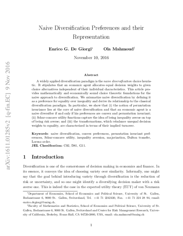 (PDF) Naive Diversification Preferences and their Representation