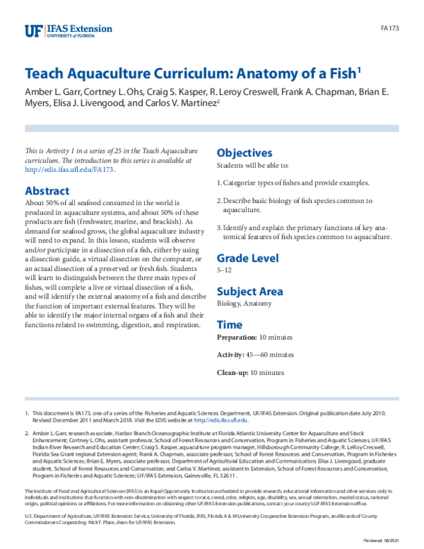 (PDF) Teach Aquaculture Curriculum: Anatomy of a Fish 1