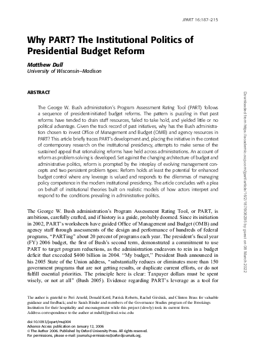 (PDF) Why PART? The institutional politics of presidential budget reform