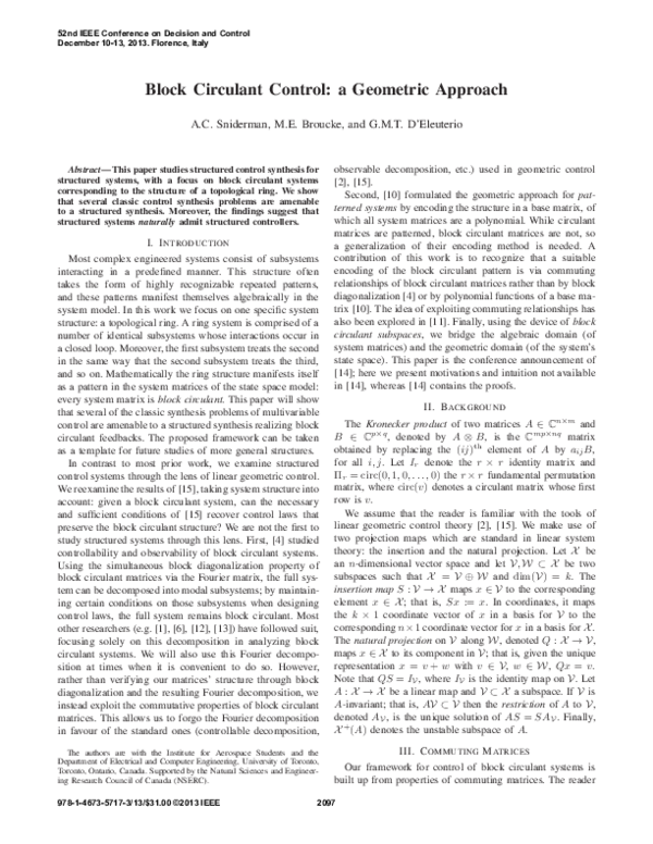 (PDF) Block circulant control: A geometric approach