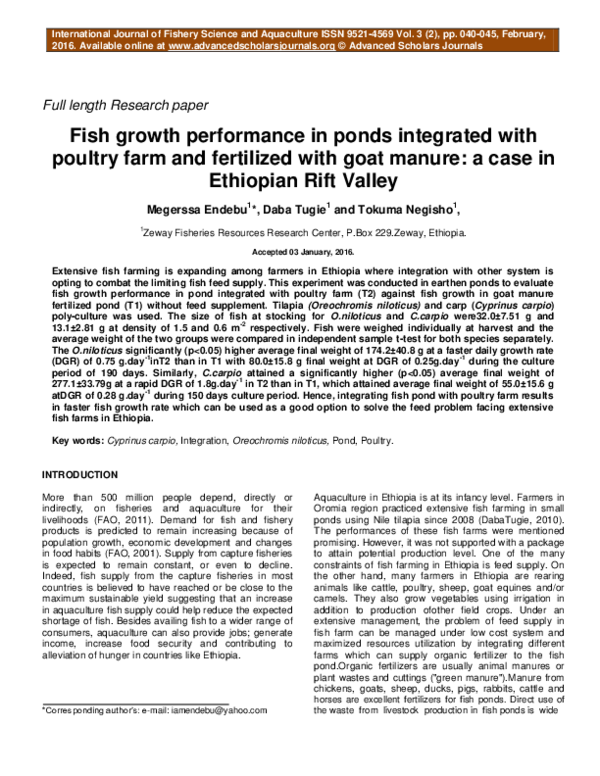 (PDF) Fish growth performance in ponds integrated with poultry farm and ...