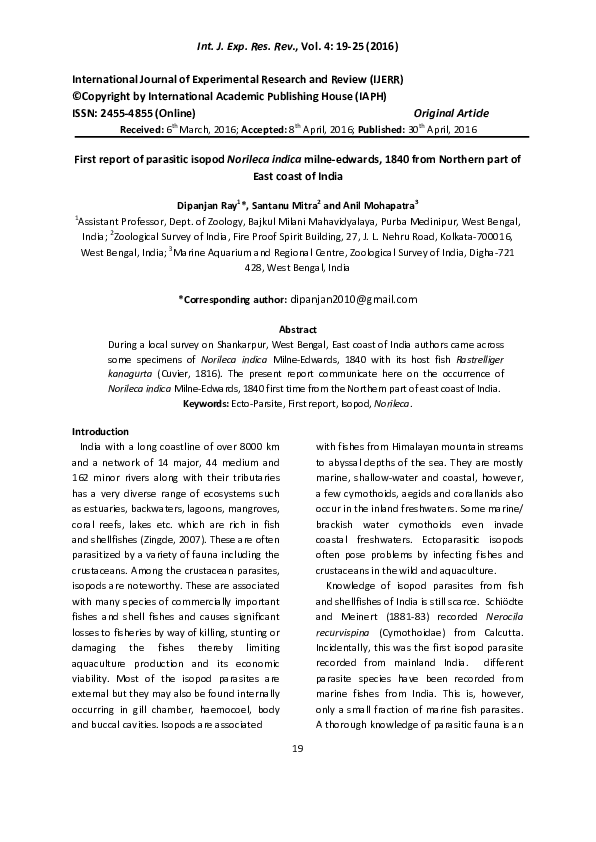 (PDF) First report of parasitic isopod Norileca indica milne-edwards ...
