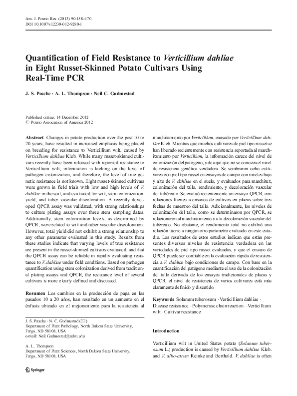 (PDF) Quantification of Field Resistance to Verticillium dahliae in Eight Russet-Skinned Potato ...