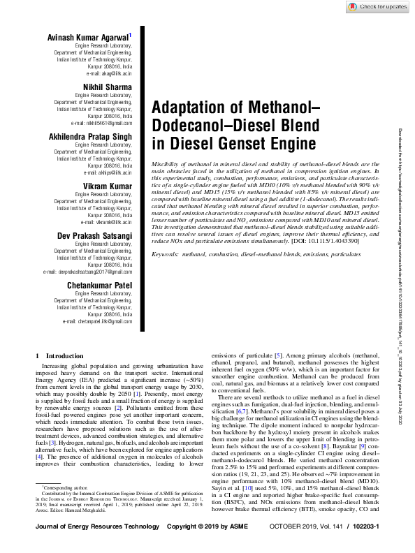 (PDF) Adaptation of Methanol–Dodecanol–Diesel Blend in Diesel Genset Engine