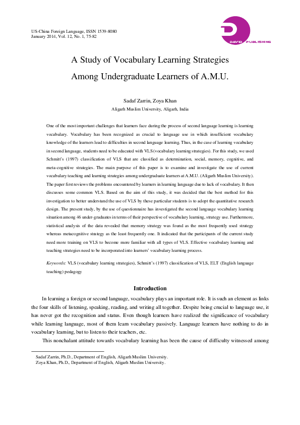 (PDF) A Study of Vocabulary Learning Strategies Among Undergraduate ...