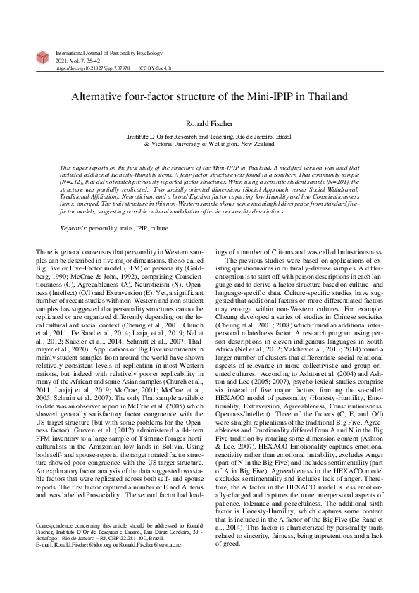 (PDF) Alternative four-factor structure of the Mini-IPIP in Thailand