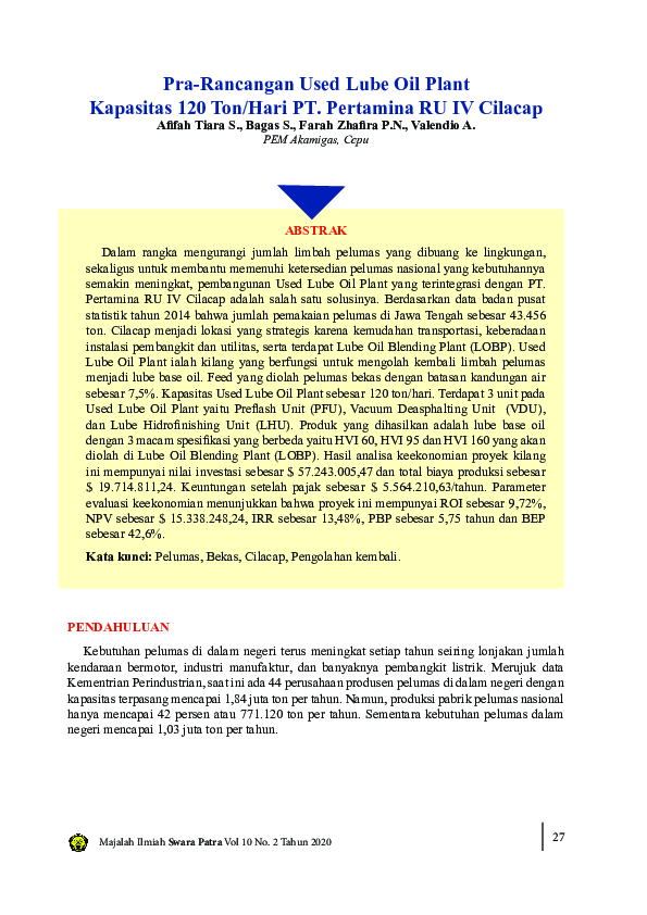 (PDF) Pra-Rancangan Used Lube Oil Plant Kapasitas 120 Ton/Hari PT ...