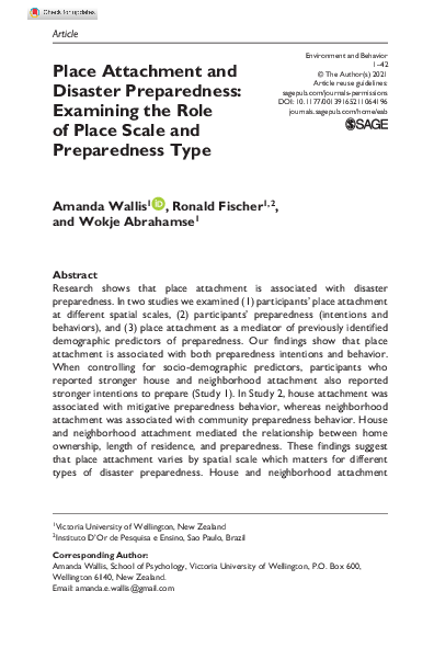 (PDF) Place Attachment and Disaster Preparedness: Examining the Role of ...
