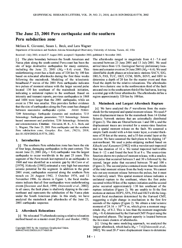 (PDF) The June 23, 2001 Peru earthquake and the southern Peru ...