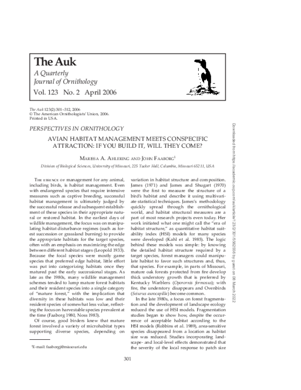 (PDF) Avian habitat management meets conspecific attraction: If you ...