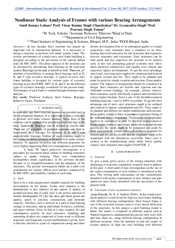 Pdf Nonlinear Static Analysis Of Frames With Various Bracing Arrangements
