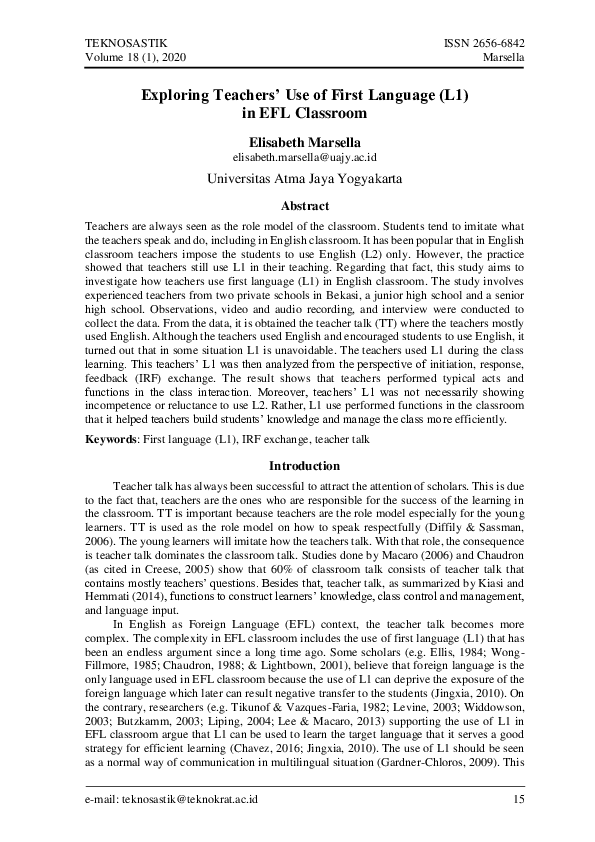 (PDF) Exploring Teachers' Use of First Language (L1) in EFL Classroom