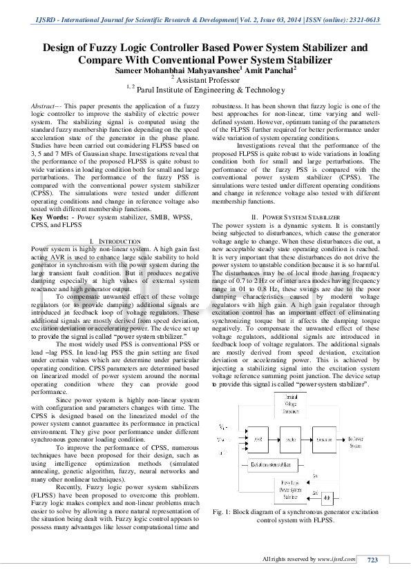 (PDF) Design of Fuzzy Logic Controller Based Power System Stabilizer and Compare With ...