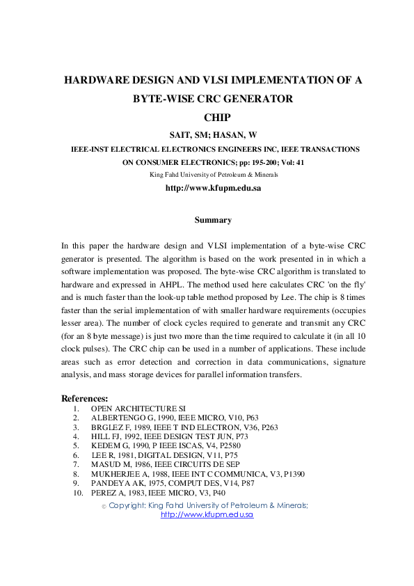 (PDF) Hardware design and VLSI implementation of a byte-wise CRC generator chip