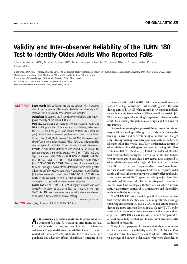 (PDF) Validity and Inter-observer Reliability of the TURN 180 Test to ...
