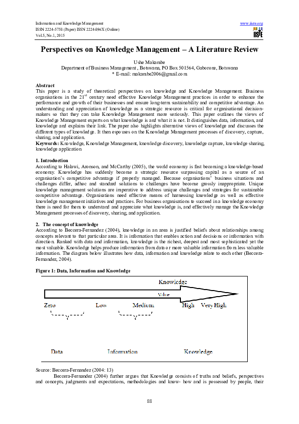 (PDF) Perspectives on Knowledge Management – A Literature Review