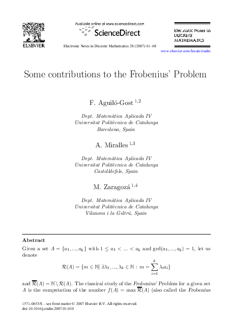 (PDF) Some contributions to the Frobenius' Problem