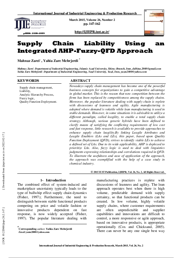 (PDF) Supply chain leagility using an integrated AHP-Fuzzy-QFD approach
