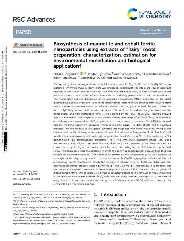 (PDF) Biosynthesis of magnetite and cobalt ferrite nanoparticles using extracts of “hairy” roots ...