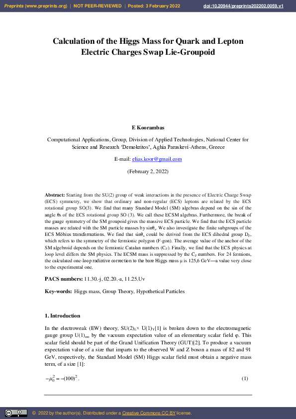 (PDF) Calculation of the Higgs Mass for Quark and Lepton Electric ...