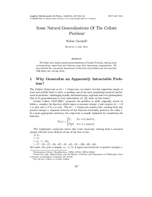 (PDF) Some natural generalizations of the Collatz Problem