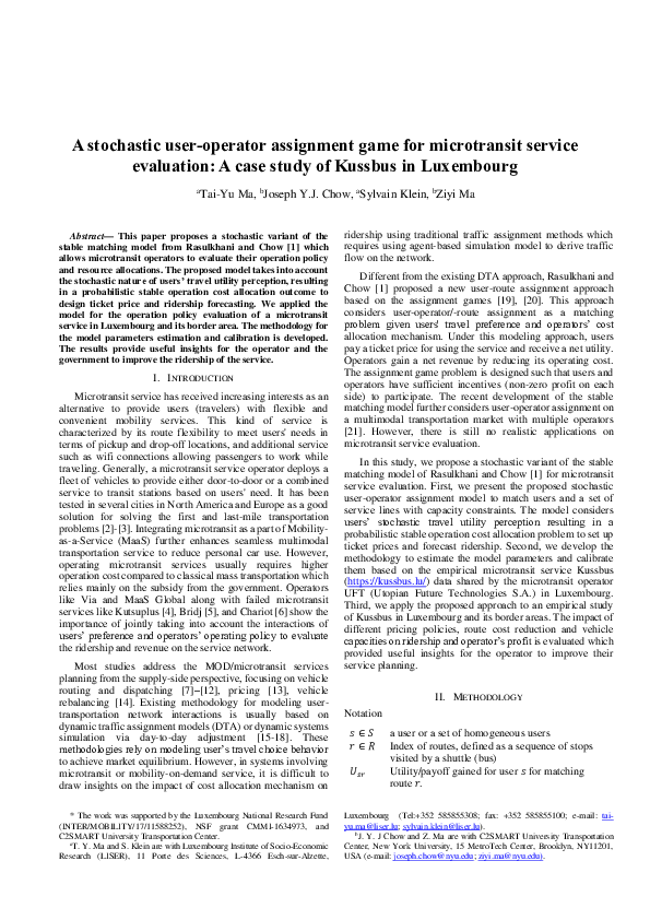 Pdf A Stochastic User Operator Assignment Game For Microtransit