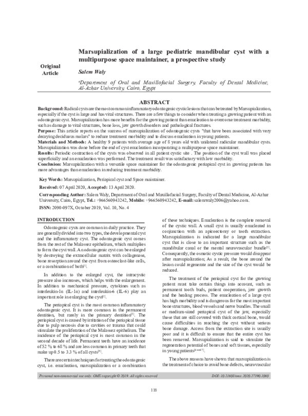 (PDF) Marsupialization of a large pediatric mandibular cyst with a ...
