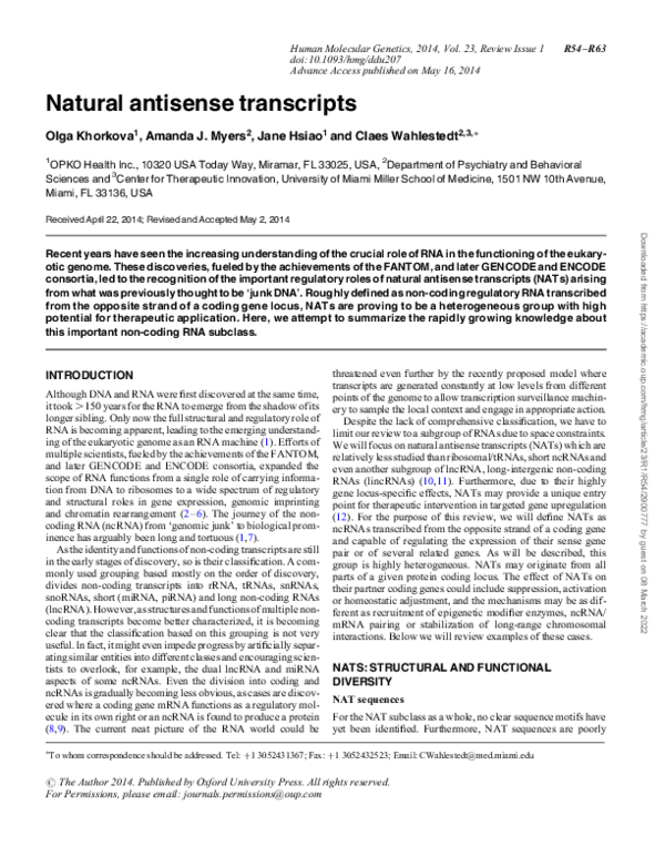 (PDF) Natural antisense transcripts | C. Wahlestedt - Academia.edu